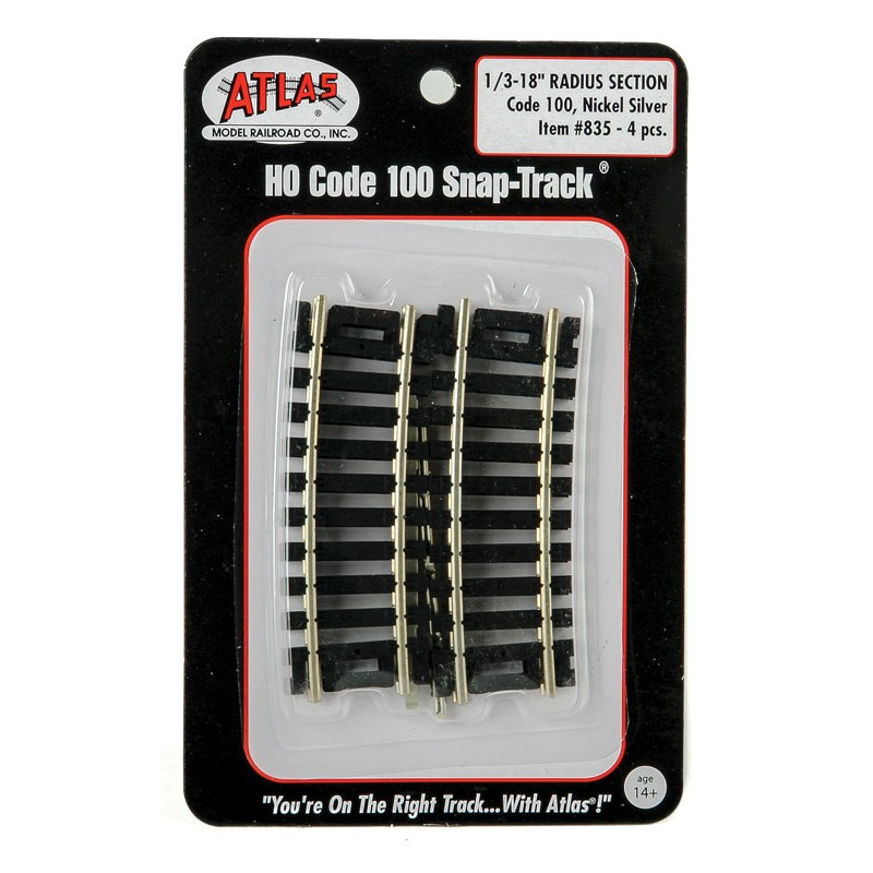 ATLAS 835 (HO) CODE 100 SNAP TRACK® - 1/3 Section - 18" Radius pkg(4)